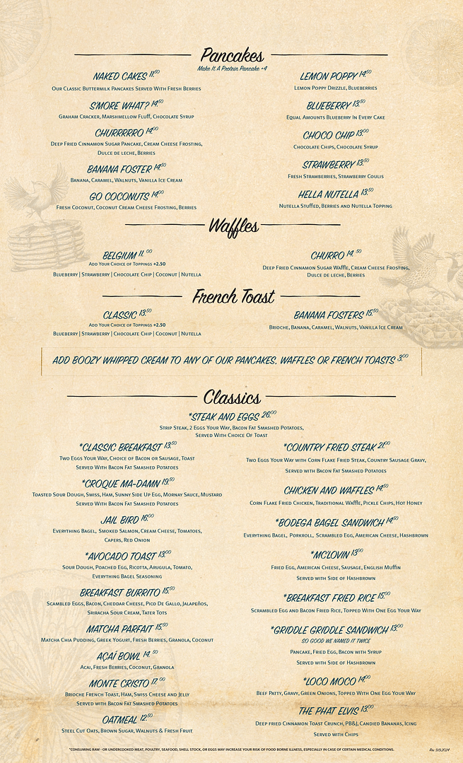 Early Birds Menu | Breakfast & Cocktail Selections