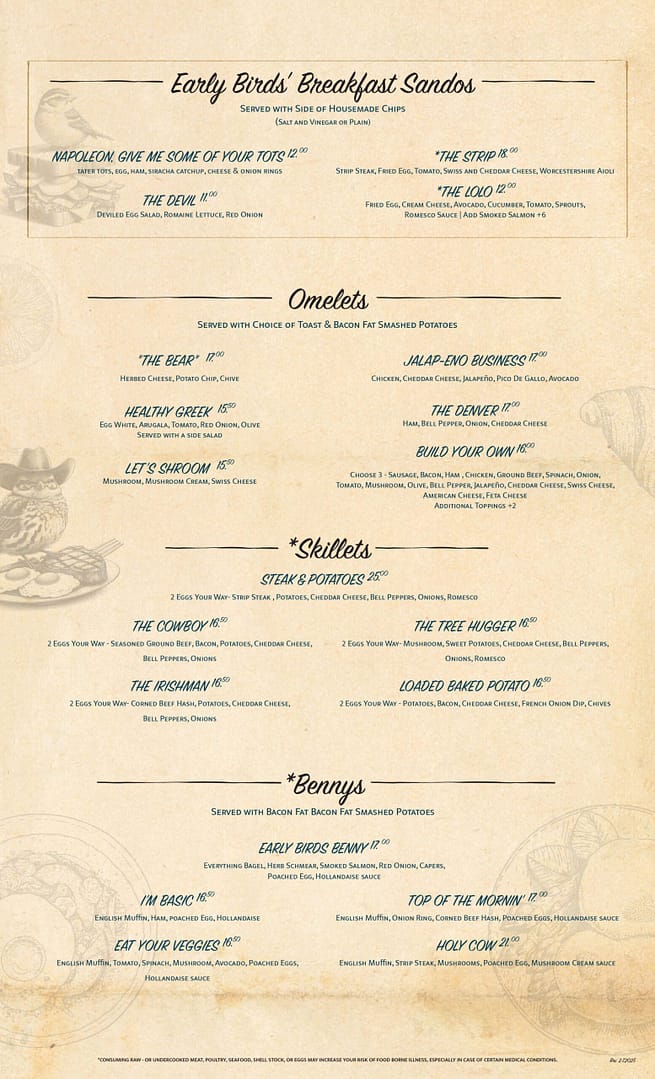 Early Birds Menu | Breakfast & Cocktail Selections