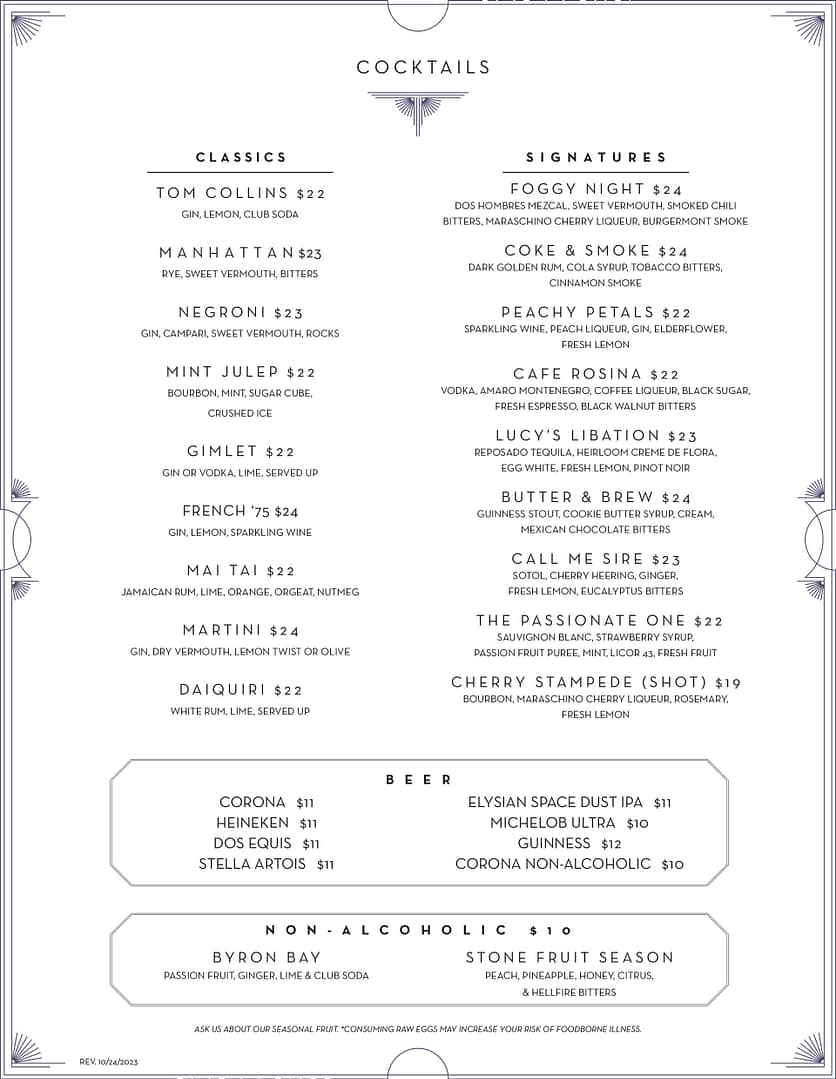 Discover Classic Cocktail Menu at Rosina Cocktail Lounge